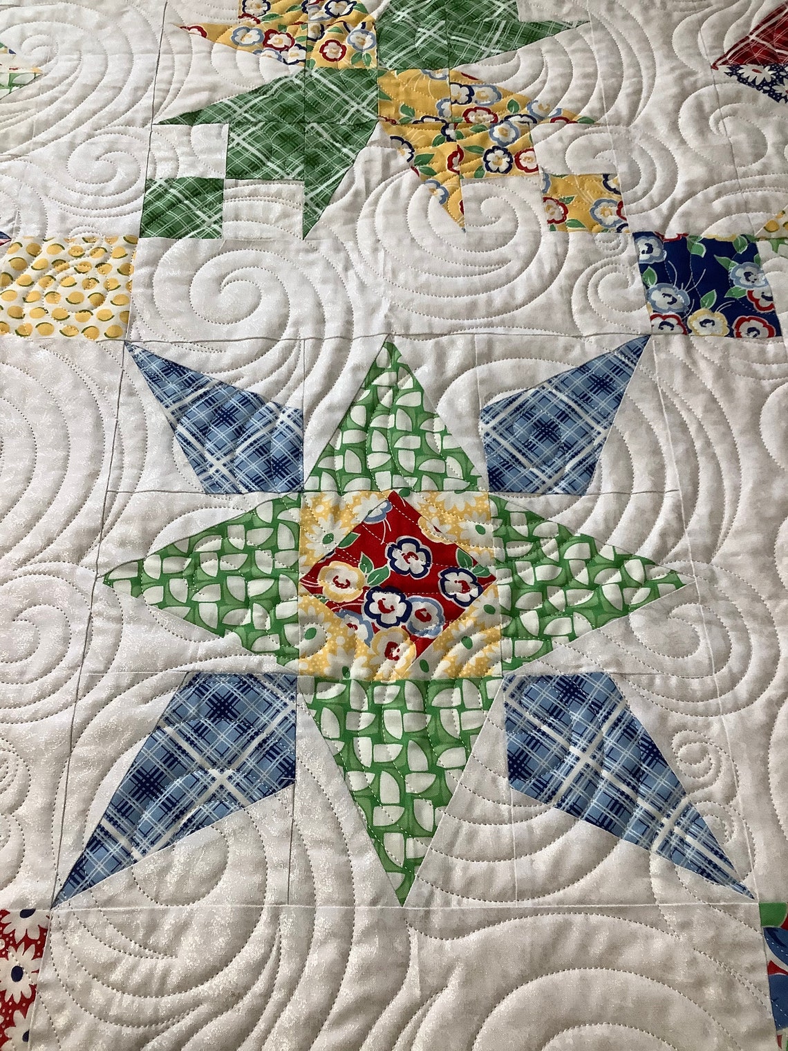 Quilted Bed Runner or Table Runner in Red Green Blue and White - Etsy