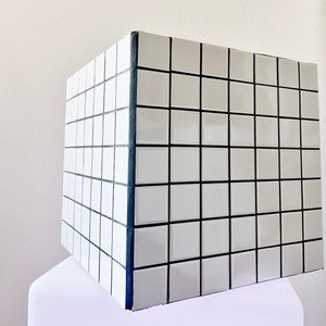 White Checkered Tile Bin White Tile Cube White Tile Bin With Black ...
