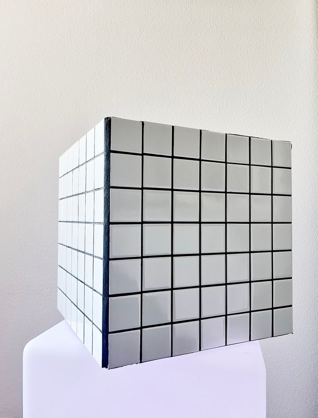 White Checkered Tile Bin White Tile Cube White Tile Bin With Black ...