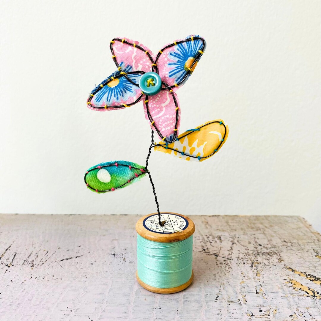 Vintage and Batik Fabric Wire Flower Sculpture. - Etsy