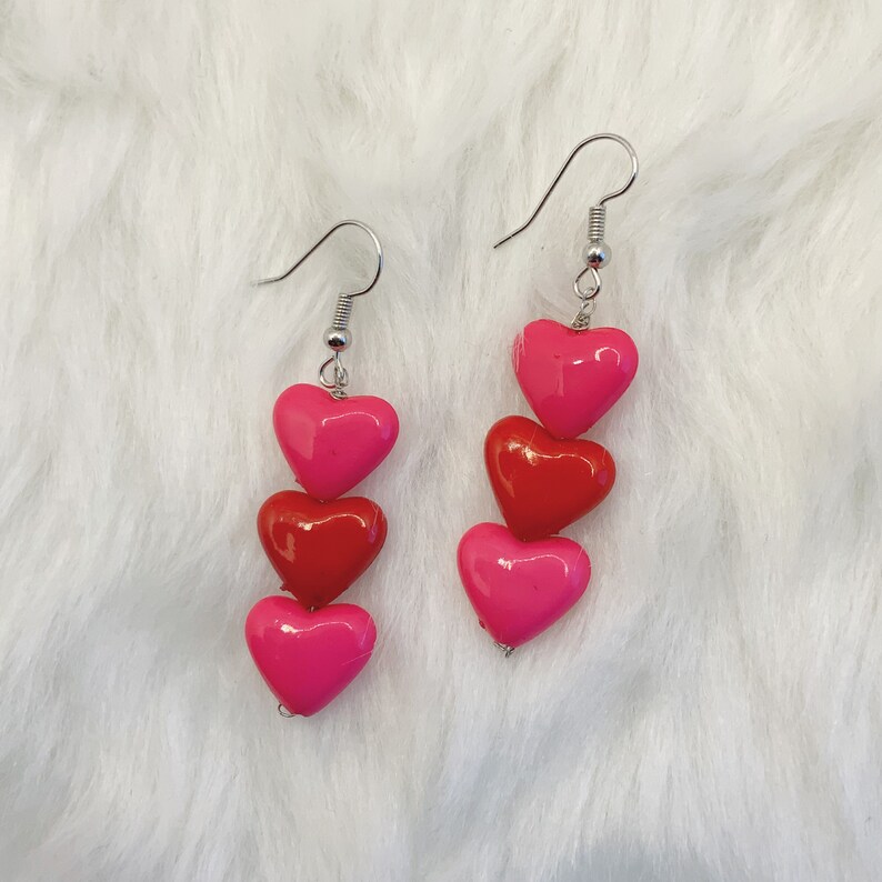 Lovecore Heart Drop Earrings Pink And Red Hearts Valentines Etsy