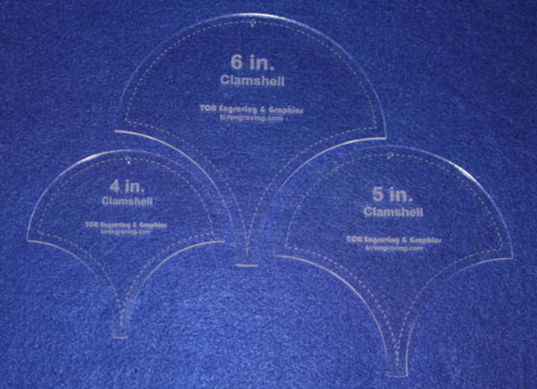 3 Piece Set Quilting Template Clamshell 1/8" Clear Acrylic 4", 5", 6 ...
