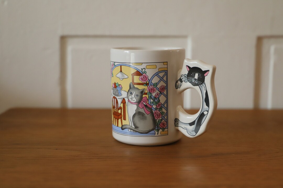 Cute Vintage Cat Mug With Fun Sleepy Cat Handle - Etsy