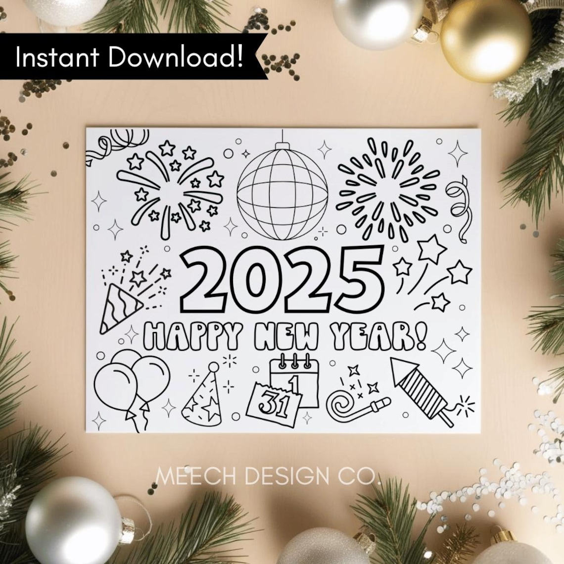 2025 New Years Coloring Page, New Year Coloring Page, New Year ...