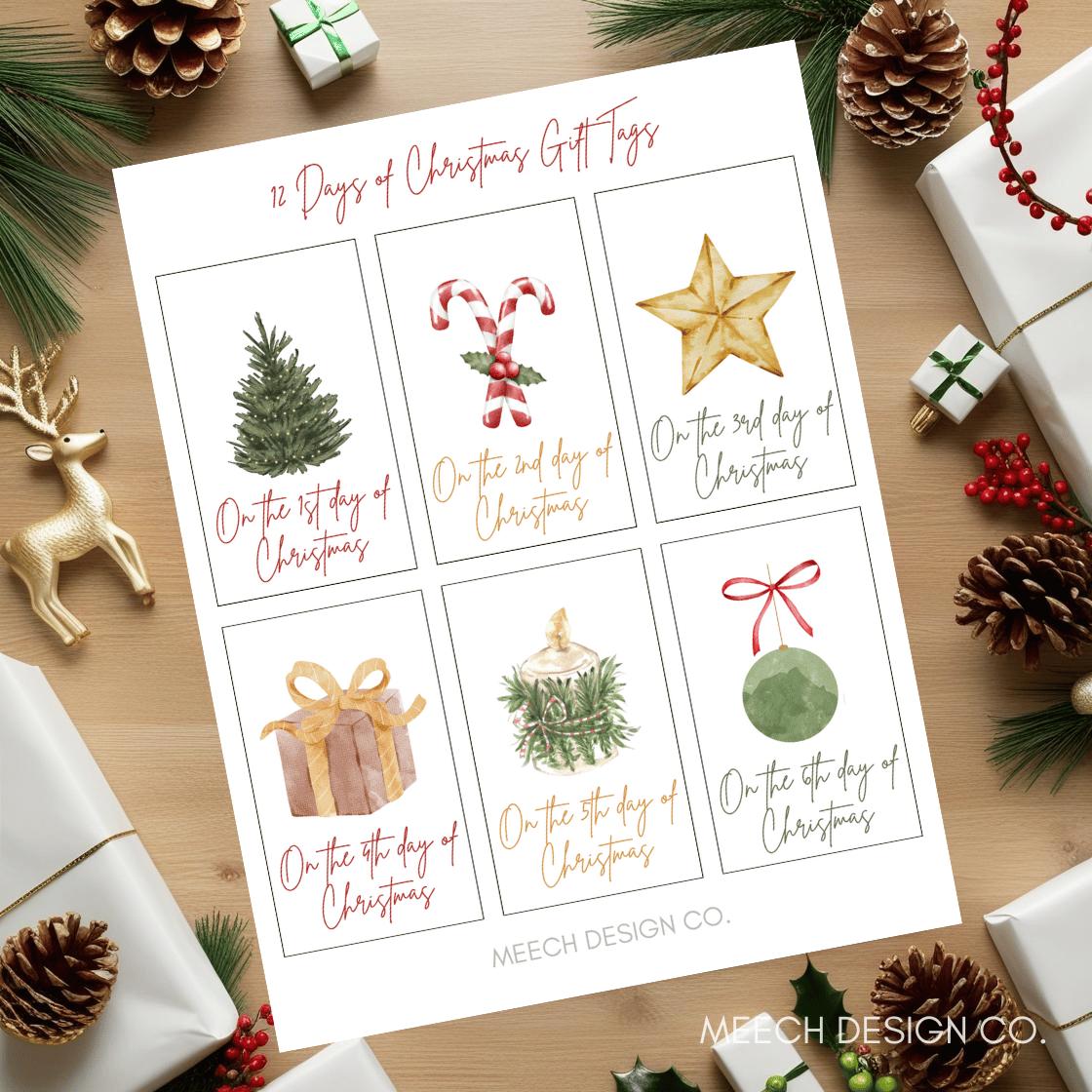 12 Days of Christmas Printable Gift Tags, Watercolor 12 Days of ...