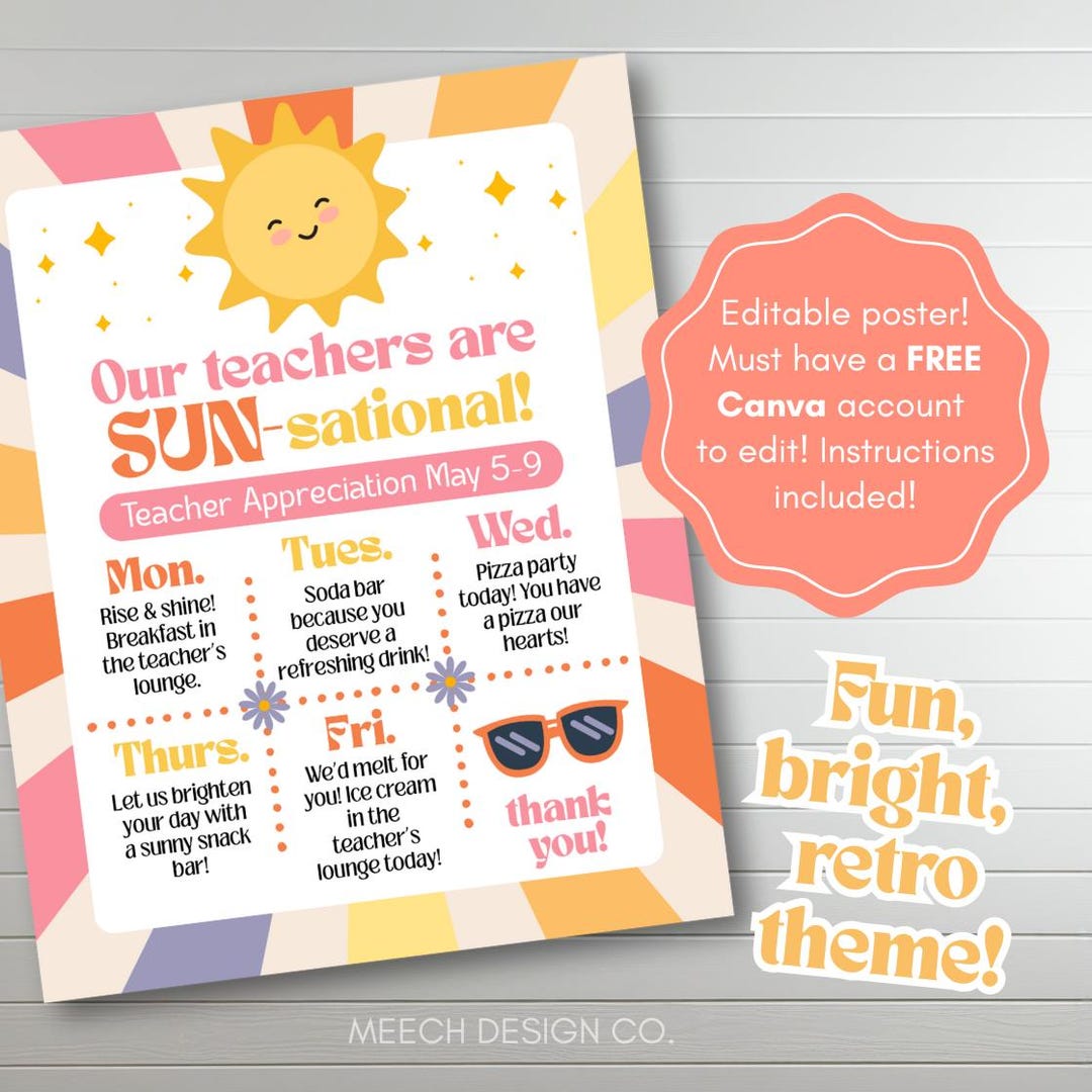 Retro Sun Teacher Appreciation Week Poster: Editable Canva Template ...