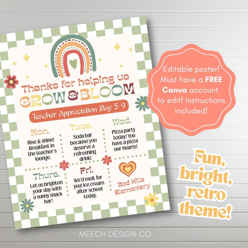 Editable Grow & Bloom Teacher Appreciation Poster: Retro Spring Theme ...