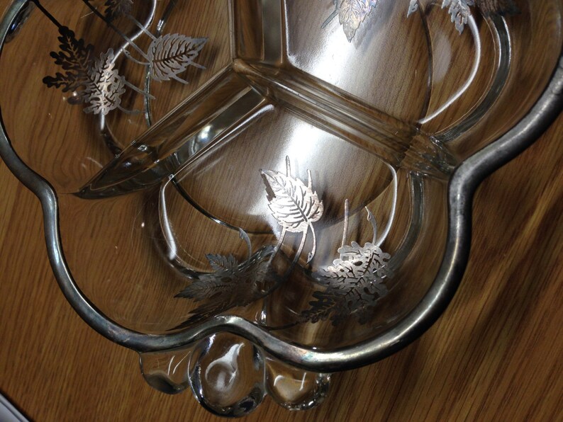 Vintage 3 Section Glass Relish Dish Beautiful Silver Inlay and ...