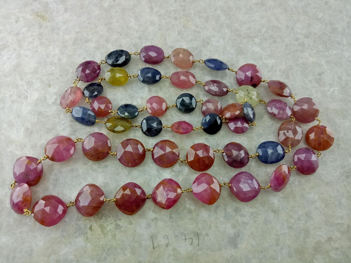 Sapphire Necklace, Multi Color Sapphire Beads Gemstones Linked Necklace ...