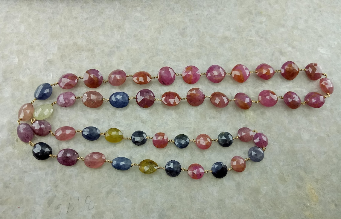 Sapphire Necklace, Multi Color Sapphire Beads Gemstones Linked Necklace ...