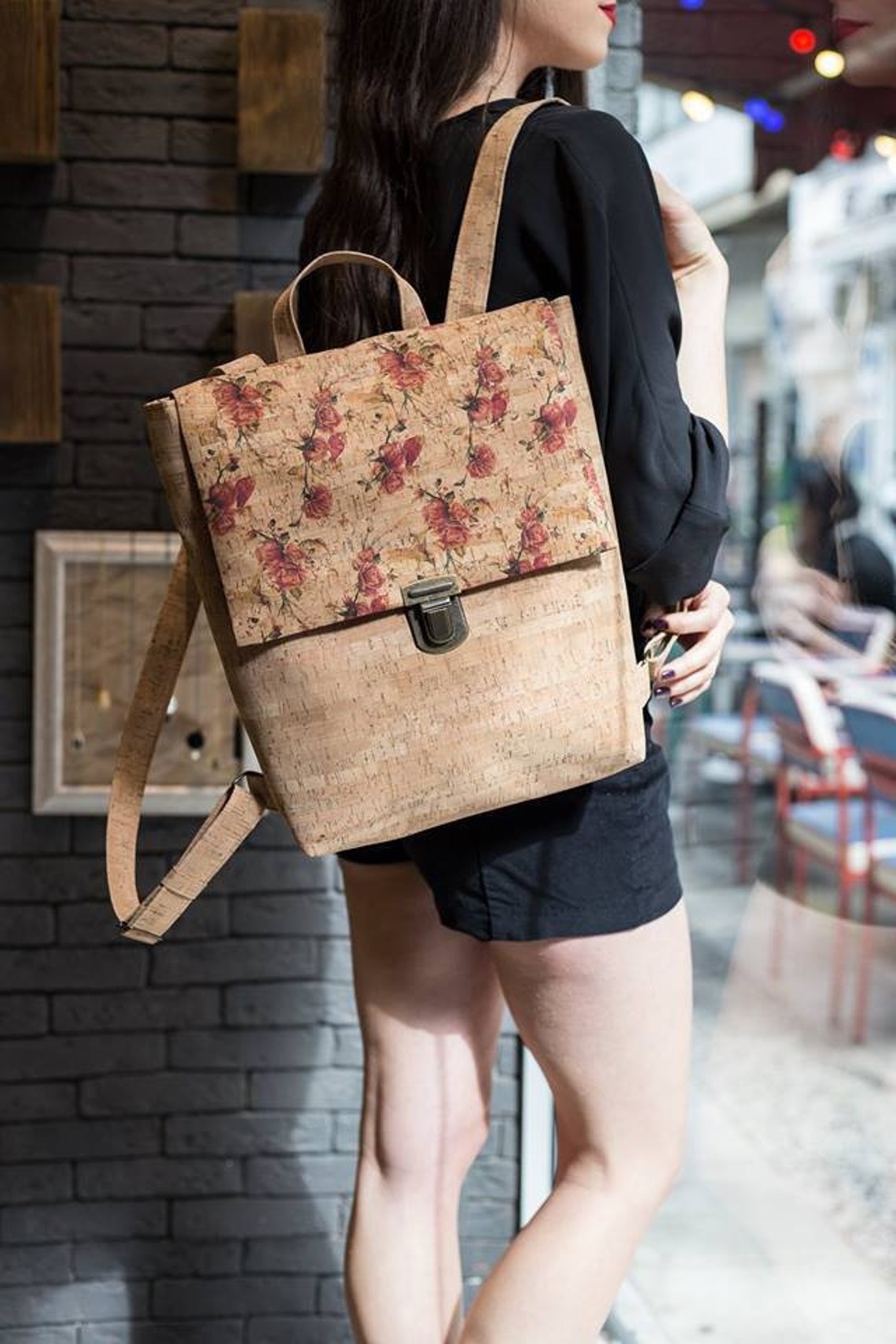 Rose Backpack-city Rucksack-cork Backpack-vegan Travel Bag-boho ...