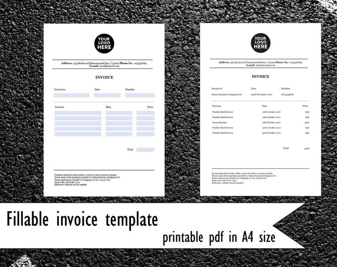 Printable Fillable Invoice Template. PDF Invoice in A4 Size. Printable ...