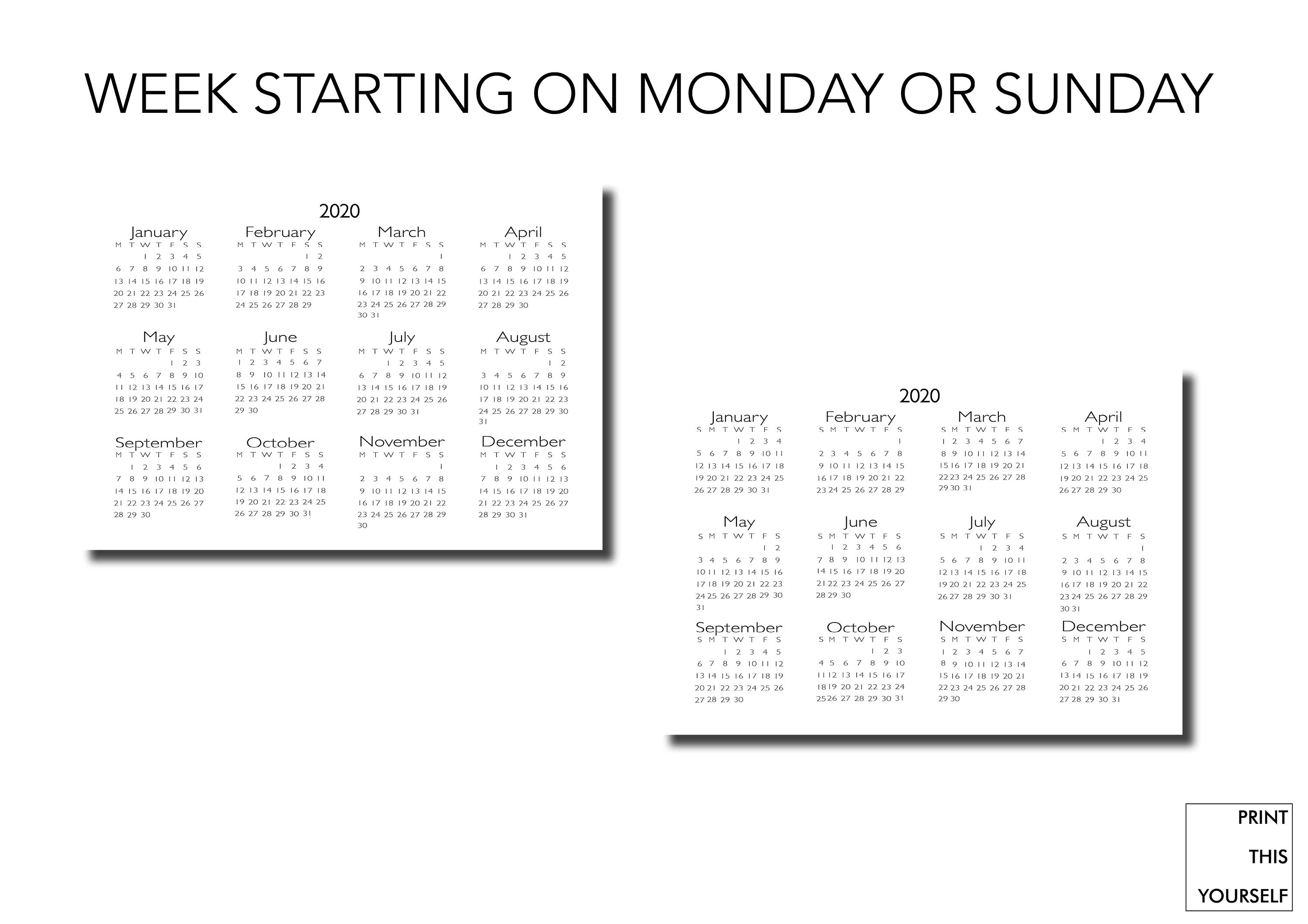 Printable horizontal calendar for 2020. Printable calendar. | Etsy