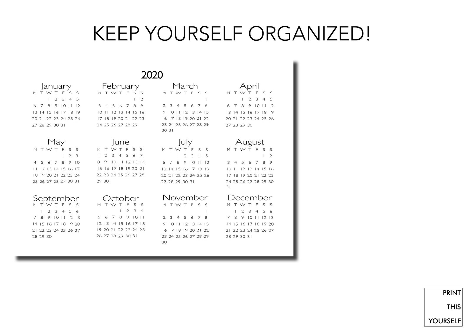 Printable horizontal calendar for 2020. Printable calendar. | Etsy