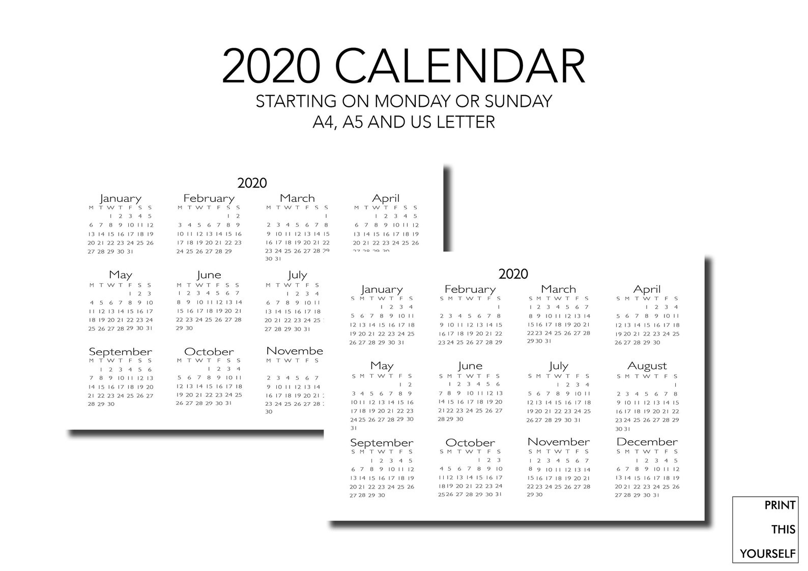 Printable horizontal calendar for 2020. Printable calendar. | Etsy