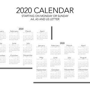 Printable horizontal calendar for 2020. Printable calendar. | Etsy