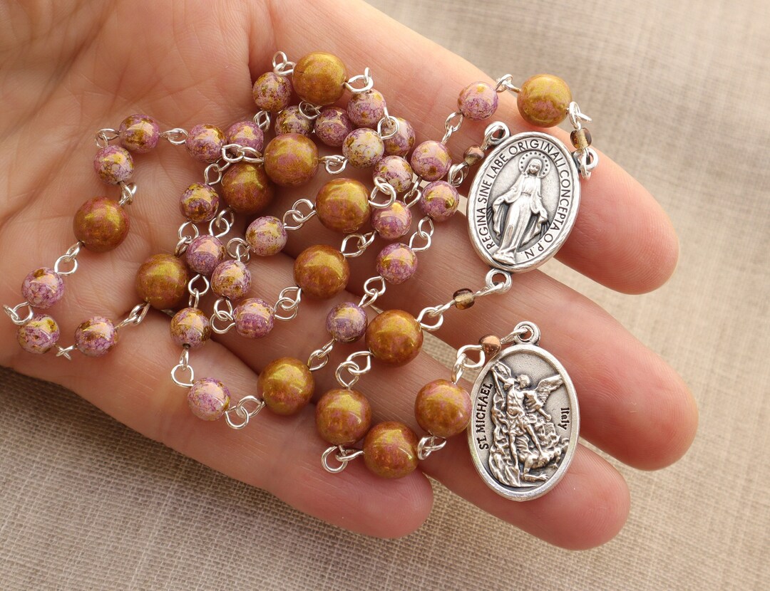 Angelic Crown Rosary Saint Michael Archangel Chaplet Nine Choirs of Angels Chaplet Pink Glass ...
