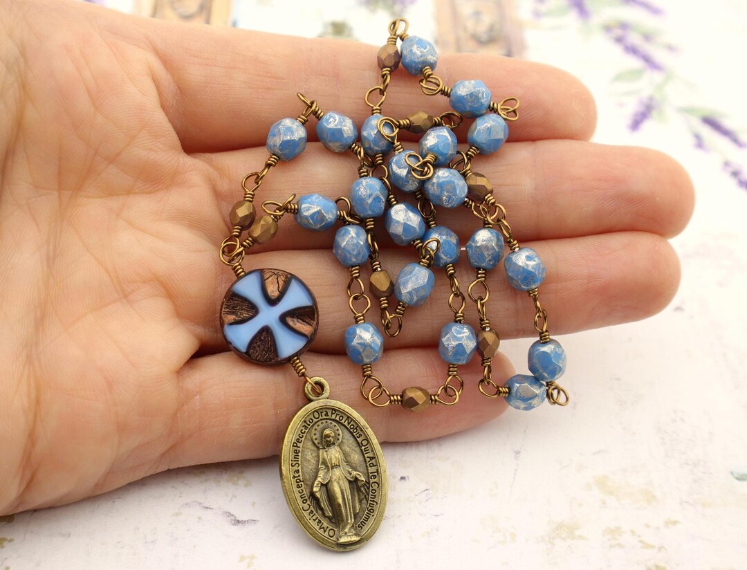 Peace Chaplet of Medjugorje - Antique Bronze Rosary of Peace - Blue ...