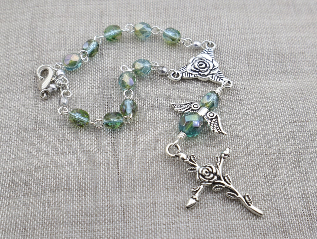 Car Rosary Beads Guardian Angel Rosary Seafoam Green Czech Glass Auto ...