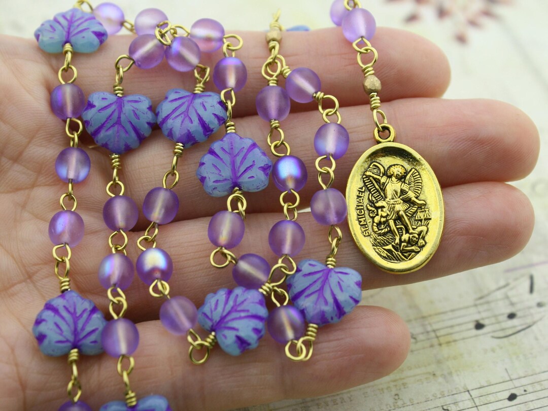 St Michael Chaplet: Angelic Crown Rosary, Guardian Angel Medal, Purple ...