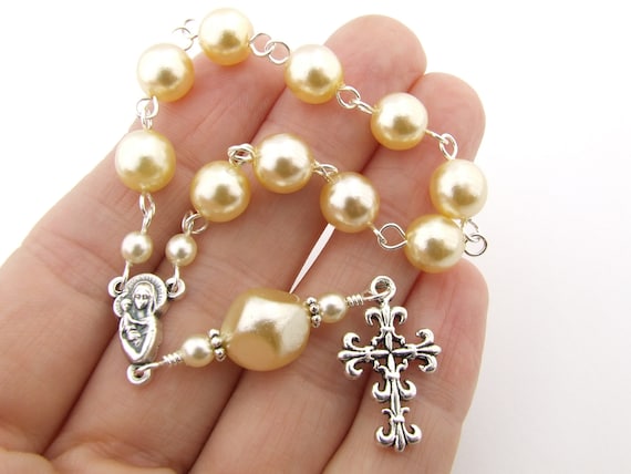 Mini Rosary Beads Fleur-de-lis Cross Cream Pearl Catholic | Etsy