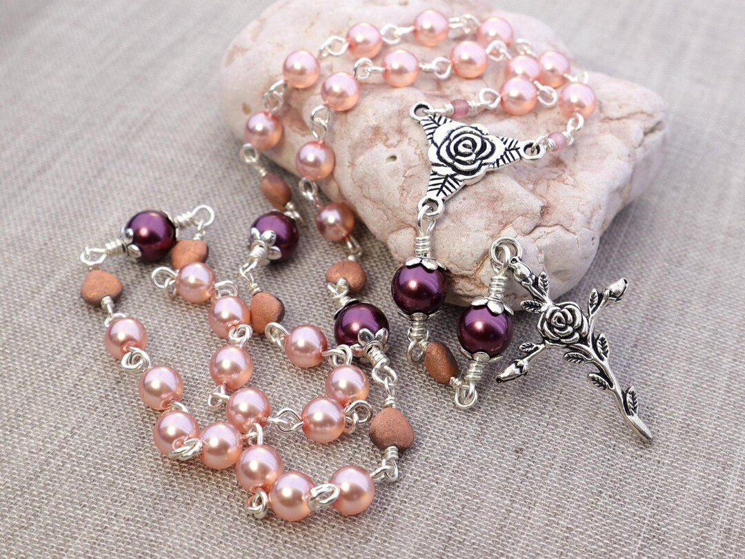 Anglican Rosary: Pink & Burgundy Crystal Pearls, Rose Cross, Episcopal ...