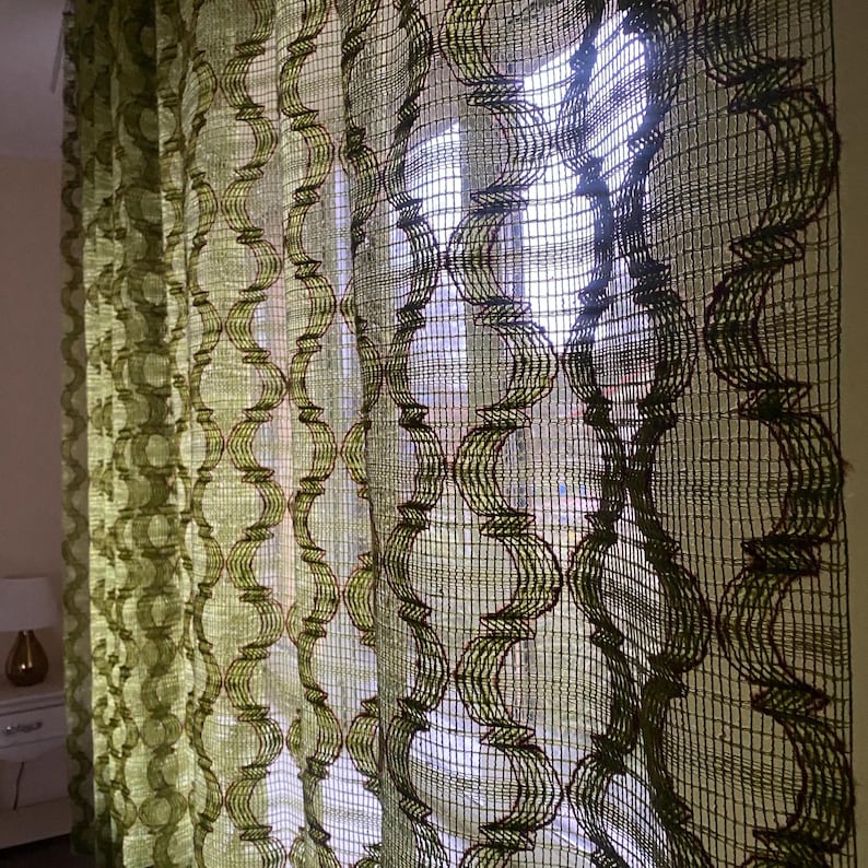 70s Vintage Green Cotton Lace Curtains Acrylic Wool Curtain Panel Set ...
