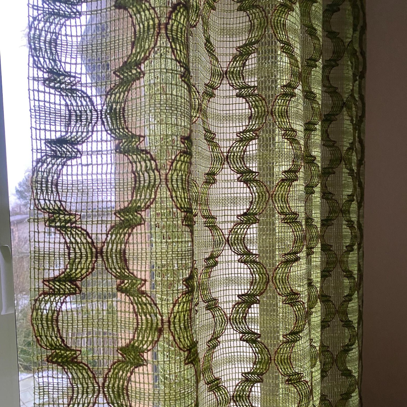 70s Vintage Green Cotton Lace Curtains Acrylic Wool Curtain Panel Set ...