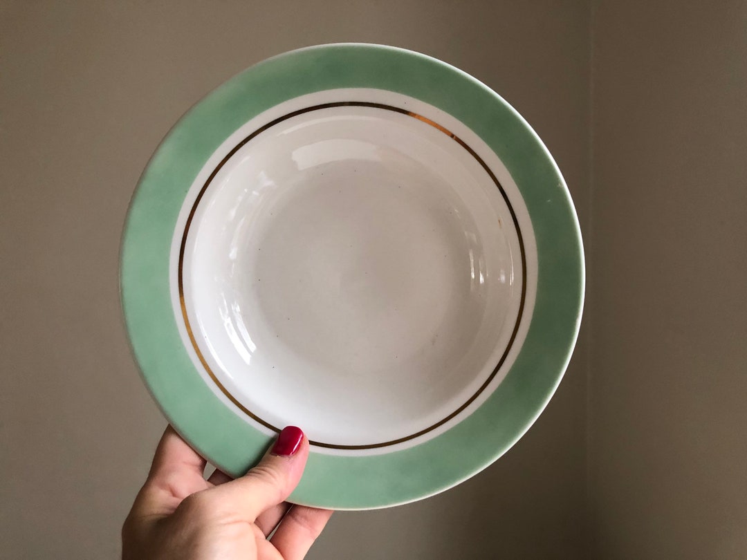 Vintage Pasta Bowl Deep Plate With Green Border and Golden Rim - Etsy