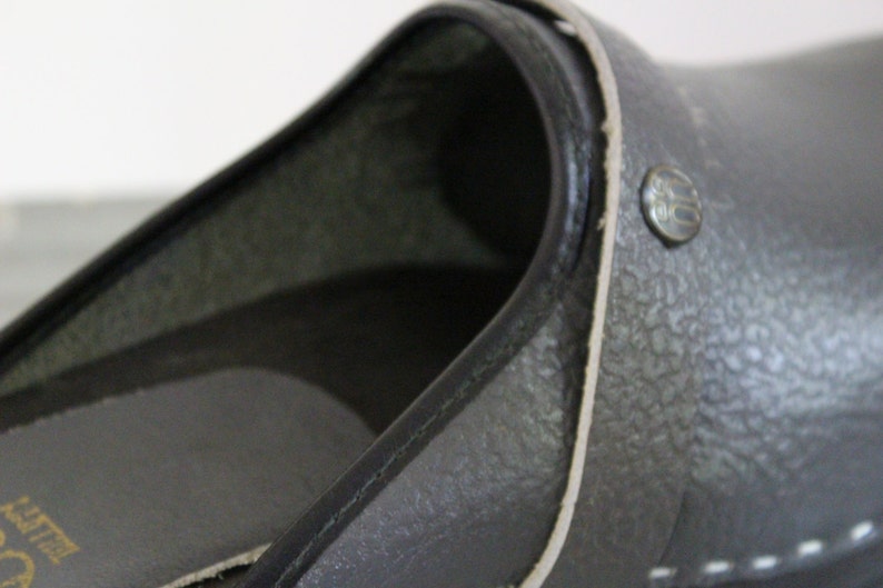 Vintage Grey Leather Clogs, Unused 80s Vintage Platform Shoes, Wooden ...