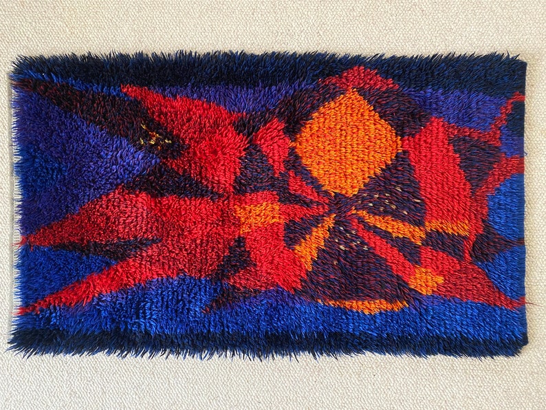 Scandinavian Rya Rug Swedish Vintage Wool Abstract Design Blue - Etsy