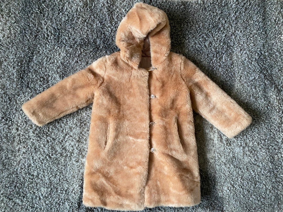 Vintage Kids Fur Coat, Faux Fur Brown Warm Winter Coat With Hood ...