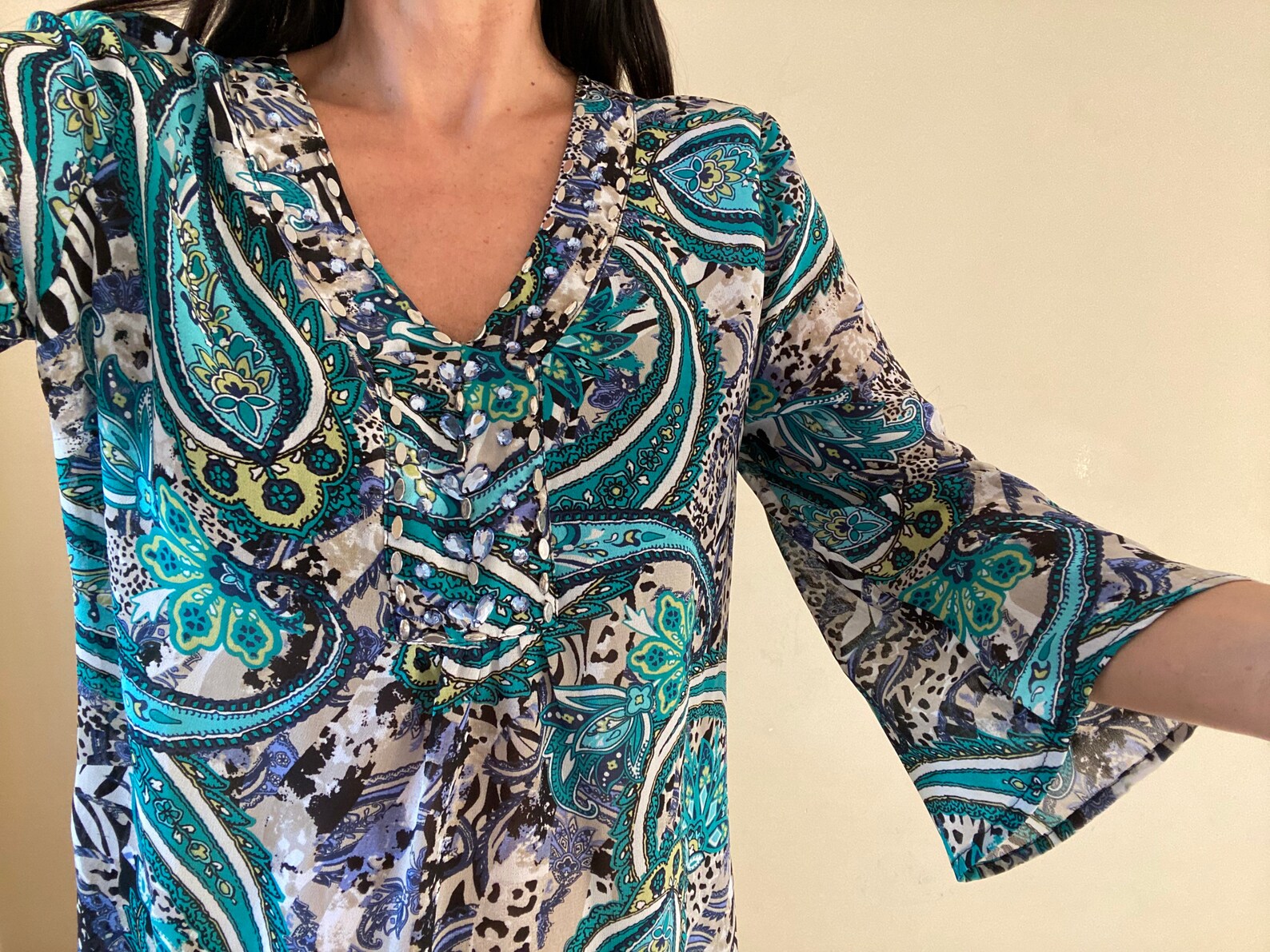 Y2K Beach Tunic 00s Quarter Sleeve Green Blue Print Top Over - Etsy