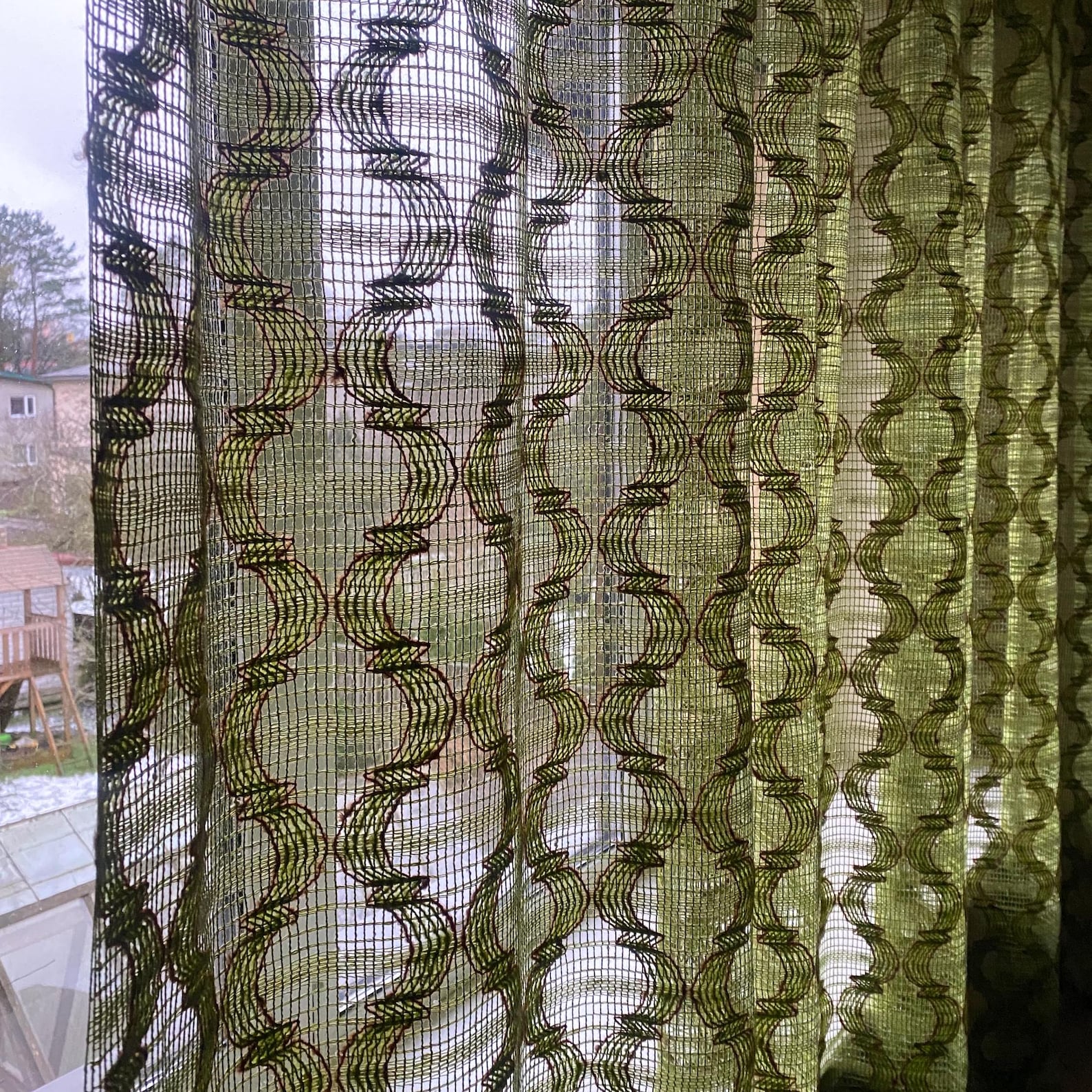 70s Vintage Green Cotton Lace Curtains Acrylic Wool Curtain Panel Set ...