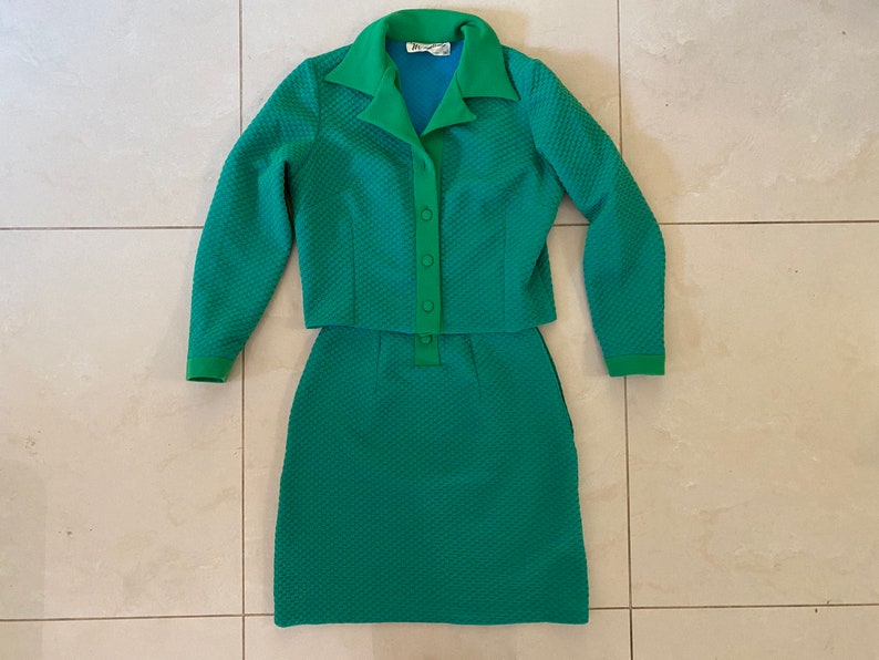 Crimplene Suit Retro 2 Piece Skirt and Jacket in Green and - Etsy
