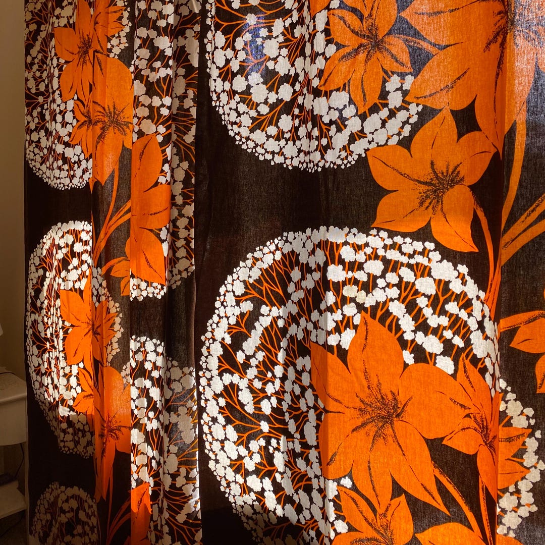 Scandinavian Vintage 1970s Cotton Curtains – Bold Orange Lily Floral on ...