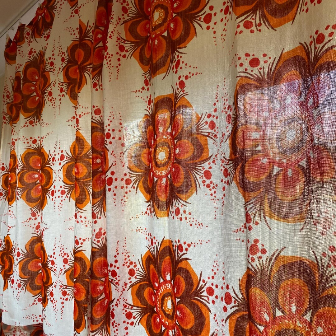 Vintage 1970s Scandinavian Curtains Pair – Bold Orange Brown Floral ...