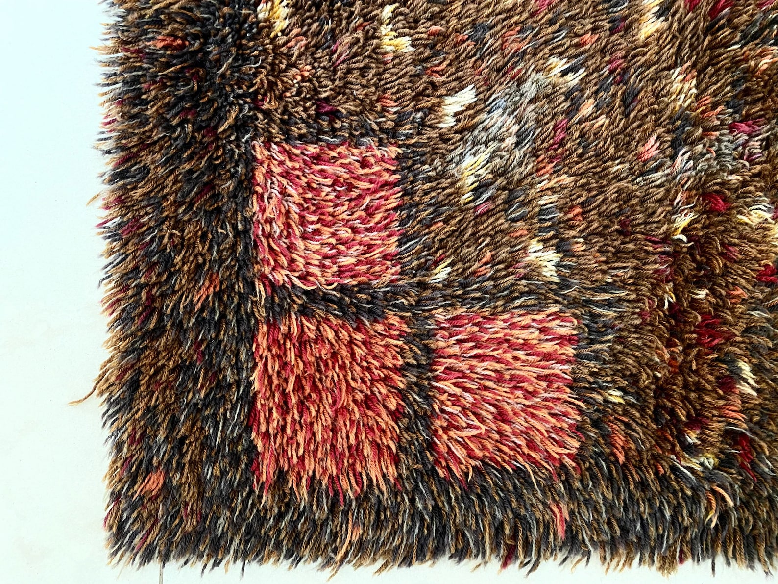 Scandinavian Rya Rug Vintage Wool Rug Geometric Pattern Brown Mid ...