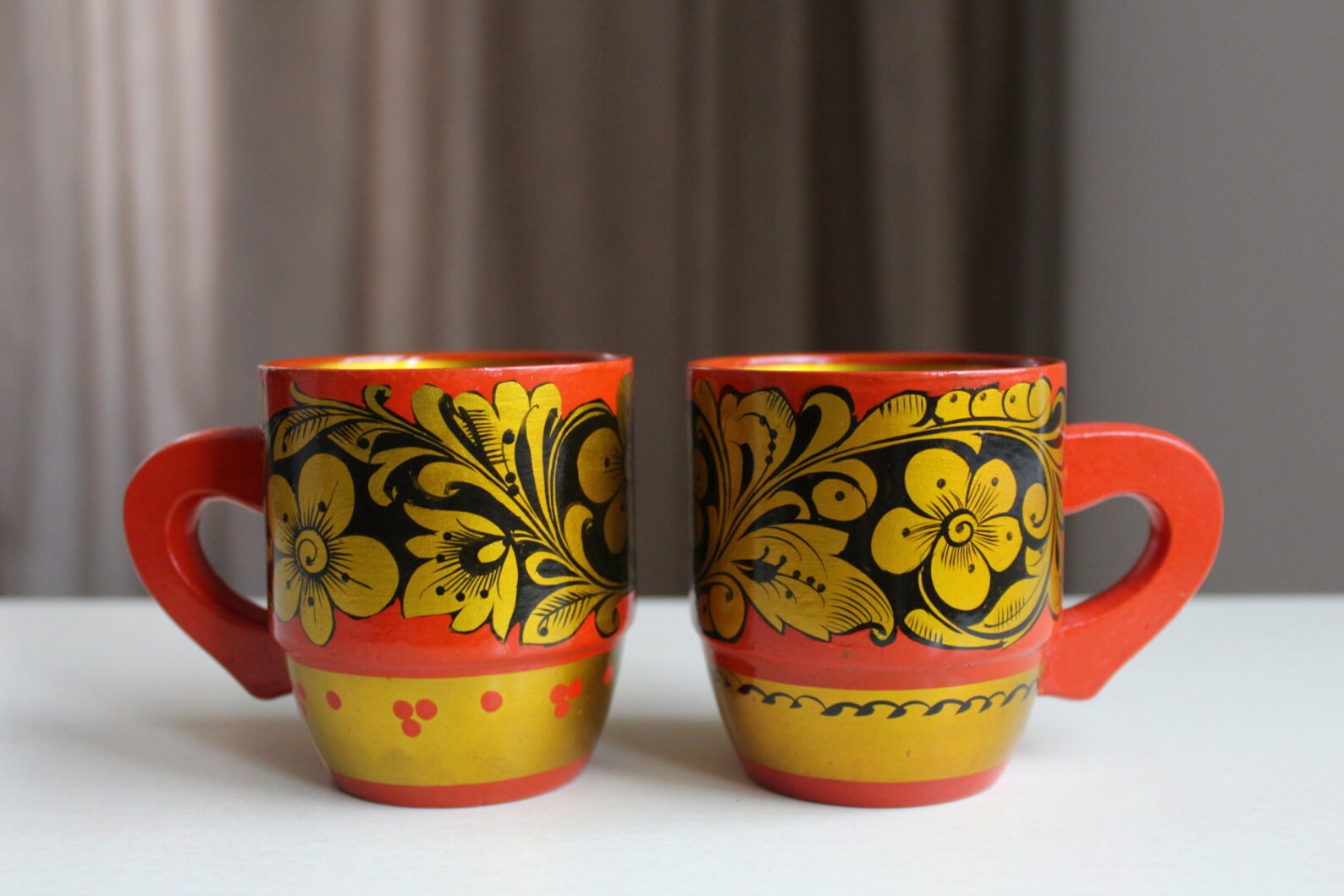 Khokhloma Mugs 2 Vintage Wooden Drinking Cups Hand Painted Folk Art ...