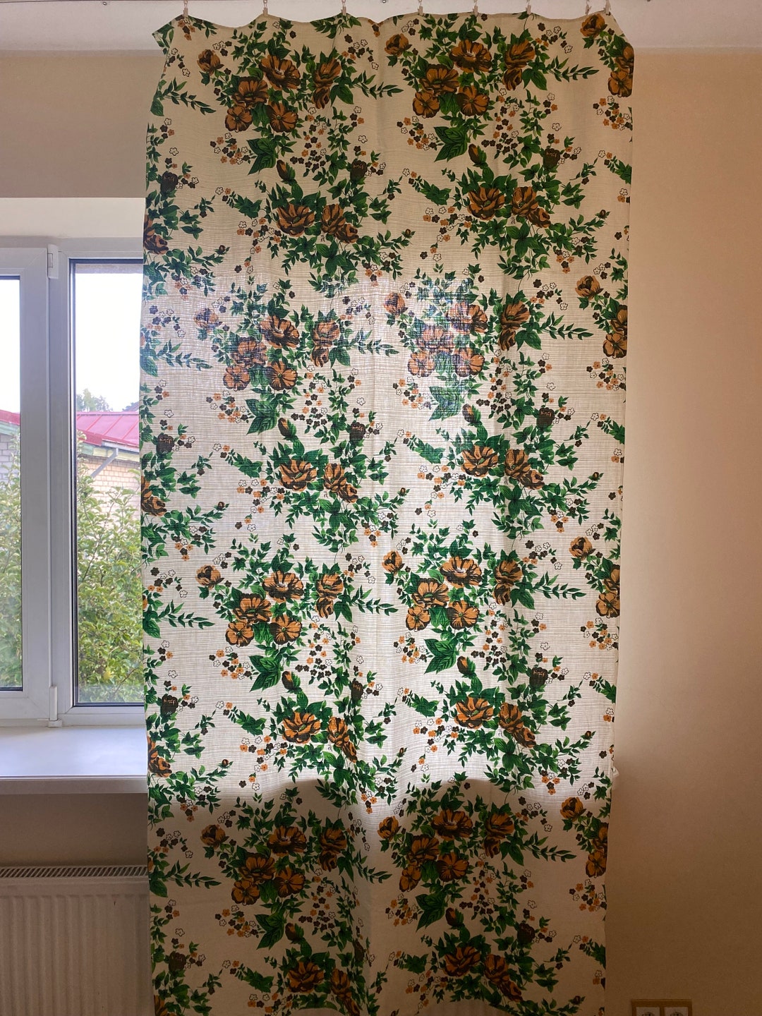 Swedish Curtain Panel Scandinavian Vintage 70s Cotton Curtain Green ...