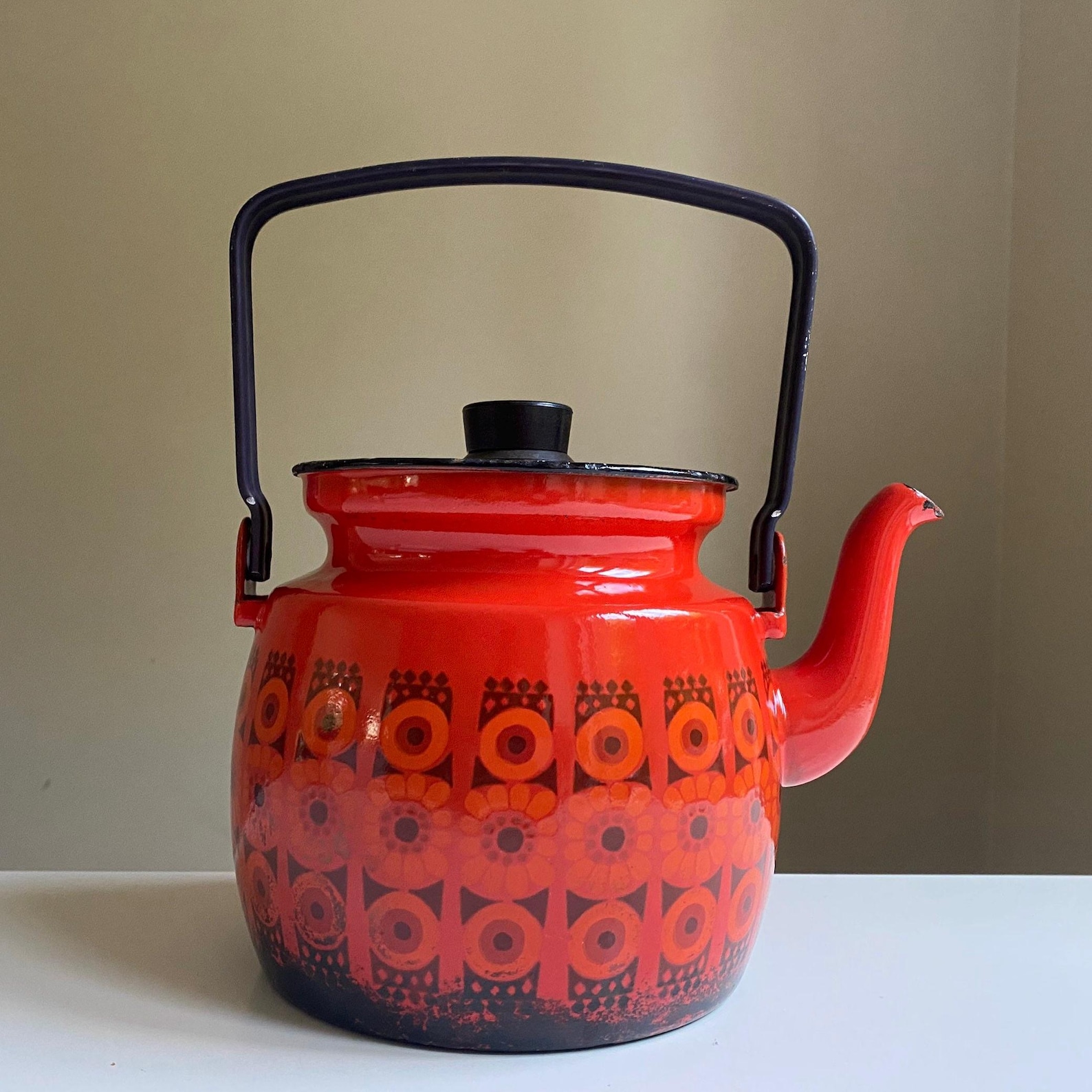 Finland Finel Kehrä Enamel Teapot Tea Kettle Arabia Red Enamelware Kaj ...