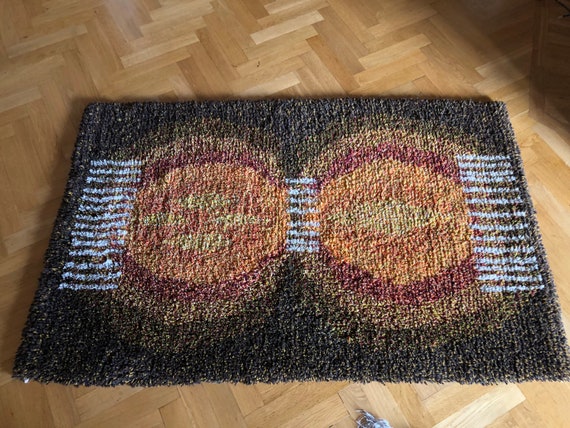Mid Century Rya Teppich in braun, Geometrisches Design handgeknüpfter ...