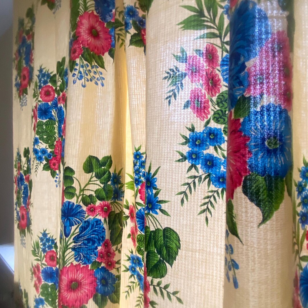 2 Scandinavian Vintage Cotton Floral Curtains Big Pink and Blue Summer ...