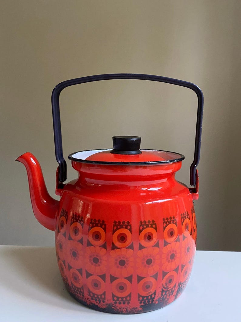 Finland Finel Kehrä Enamel Teapot Tea Kettle Arabia Red Enamelware Kaj ...