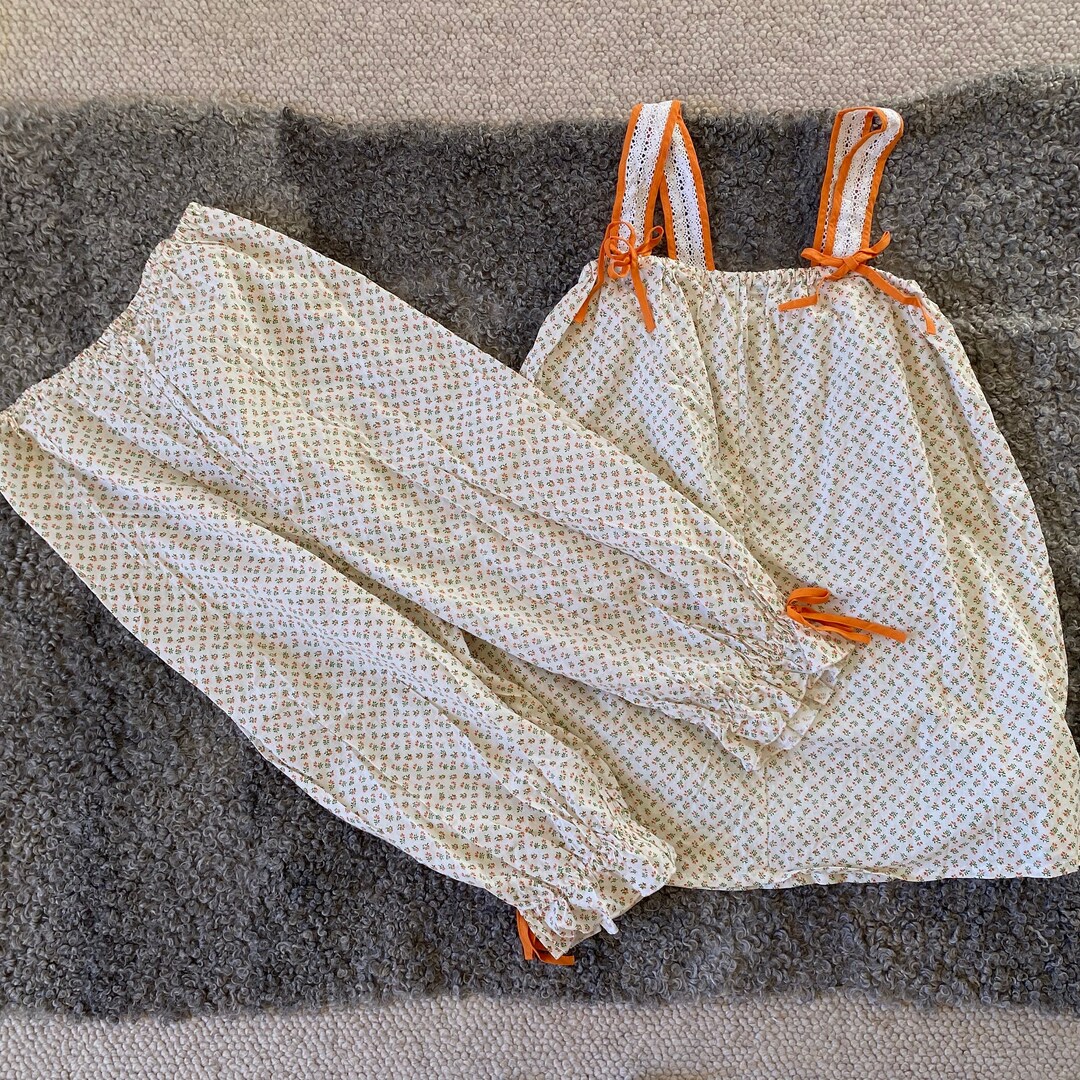 Vintage Women Pajamas Romantic Cotton Top and Pants Floral PJ Sets 80s ...