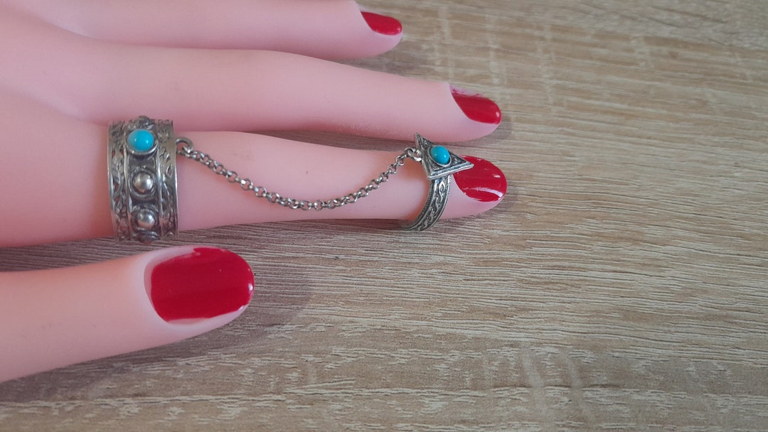 Armenian Double Ring Sterling Silver With Turquoise Stones, Gift for Her, Ring Finger Cover ...