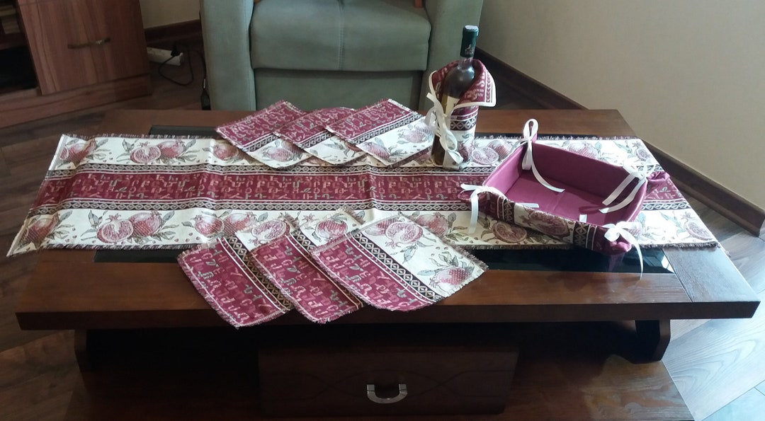 Table Cloth Runner Set, Armenian Design, Pomegranate & Alphabet Table Runner, Table Decoration ...