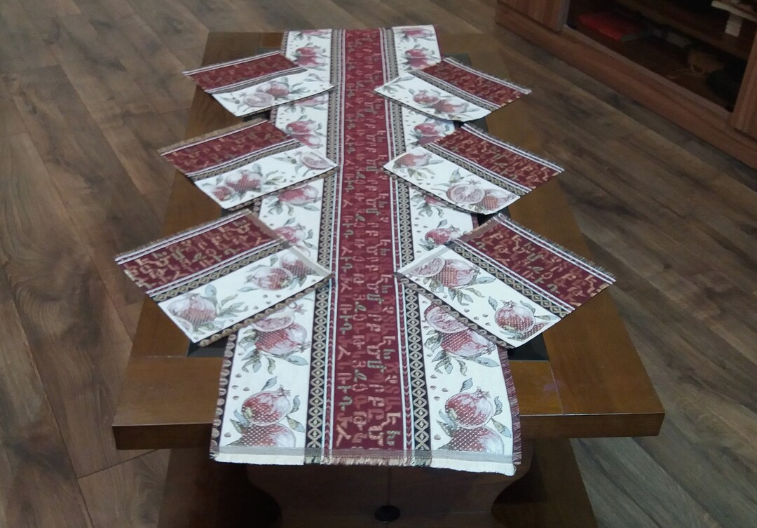 Table Cloth Runner, Armenian Design, Pomegranate & Alphabet Table Runner, Table Decoration ...