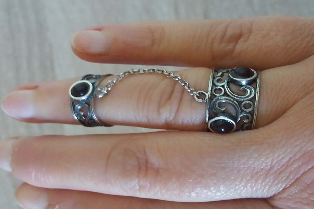 Armenian Double Ring Sterling Silver With Three Natural Stones, Gift for Her, Ring Finger Cover ...