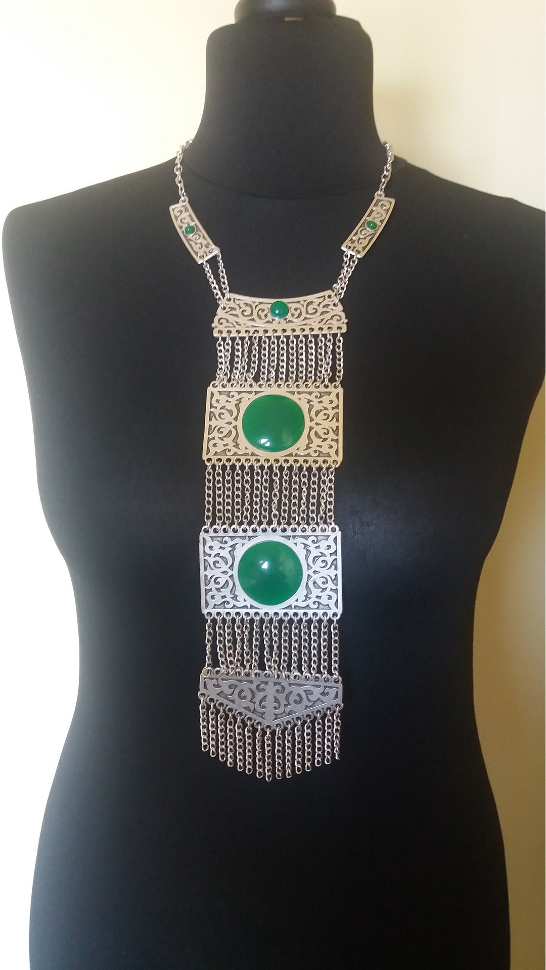 Long Silver Plated Rectangular Chain Chrysolite Statement Necklace ...